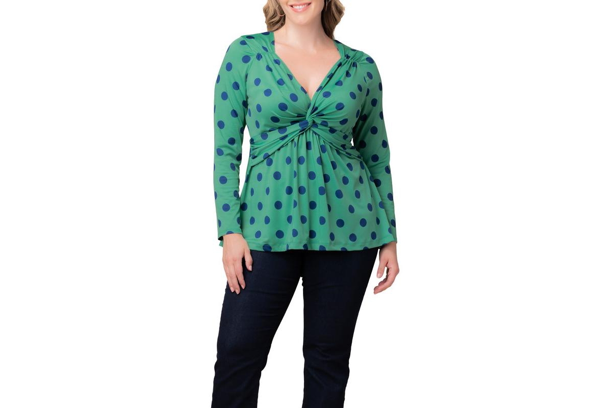 Kiyonna Womens Plus Size Abigail Long Sleeve Twist Top - Green polka dot