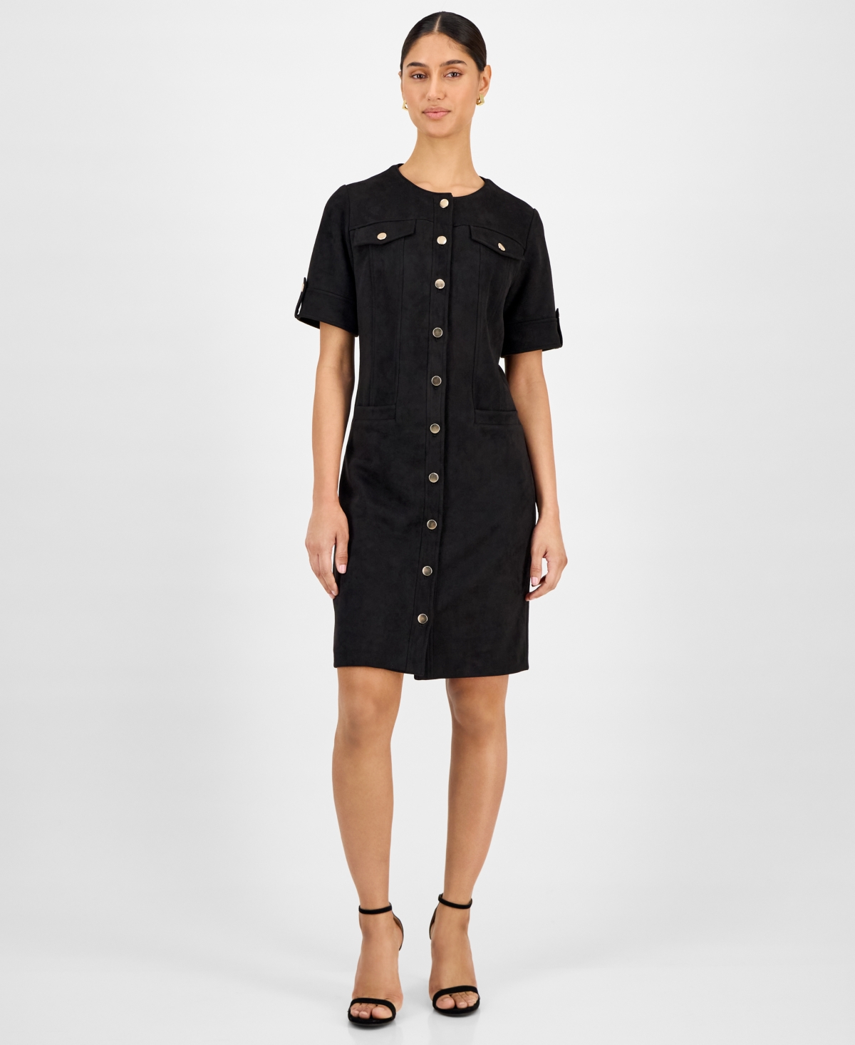 Click here for T Tahari Womens Faux-Suede Short-Sleeve Shirtdress... prices