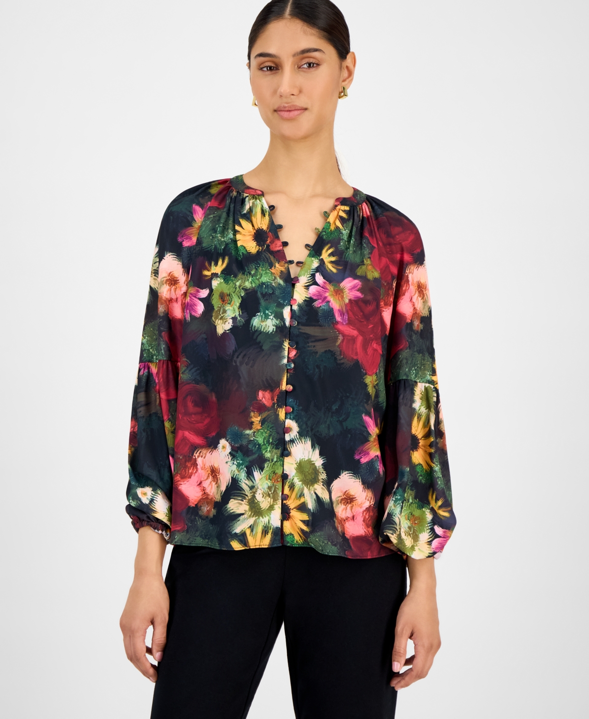 Click here for T Tahari Womens Floral Split-Neck Blouse - Midnigh... prices