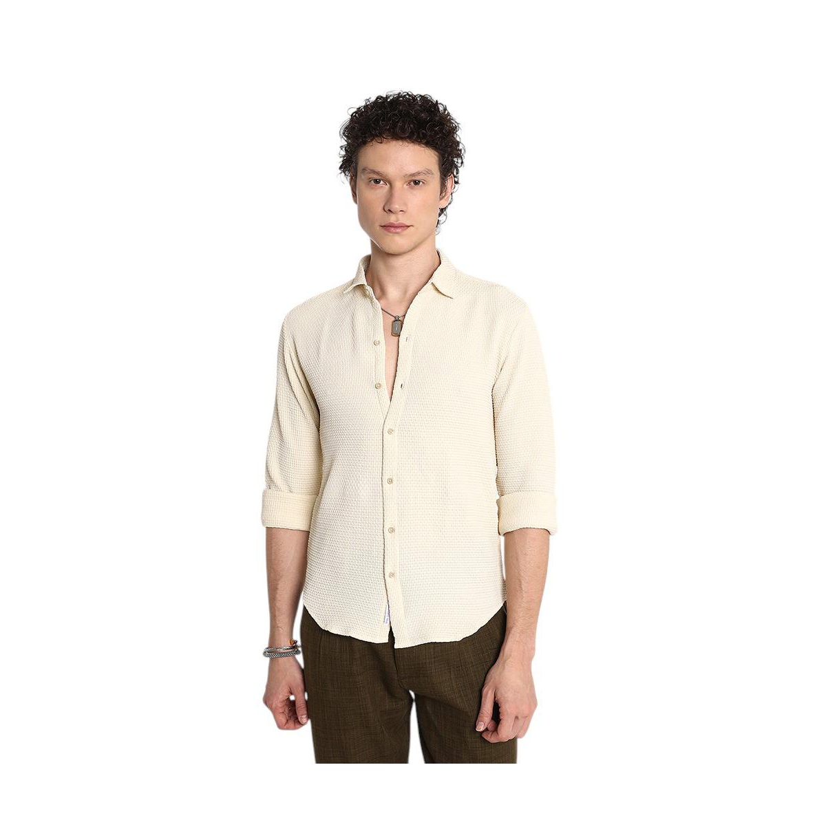 Click here for Campus Sutra Mens Ivory White Weave-Textured Shirt... prices