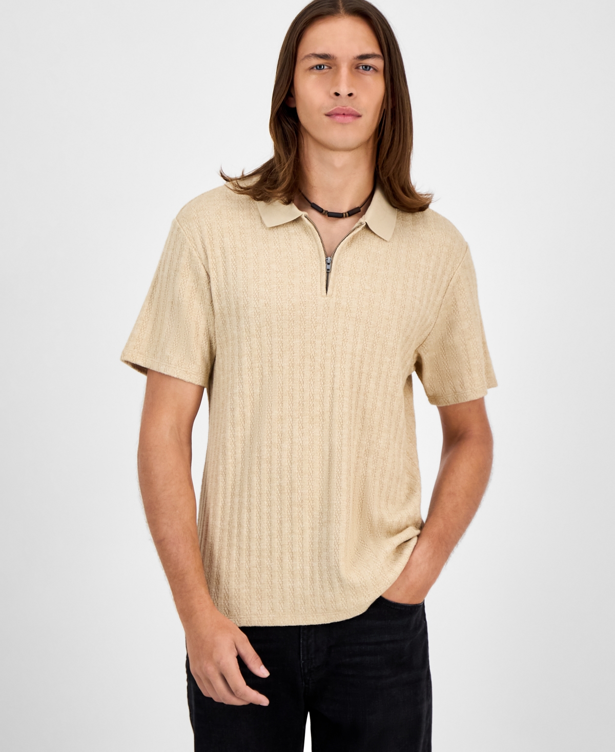 Click here for Guess Mens Grady Short Sleeve Textured Quarter-Zip... prices