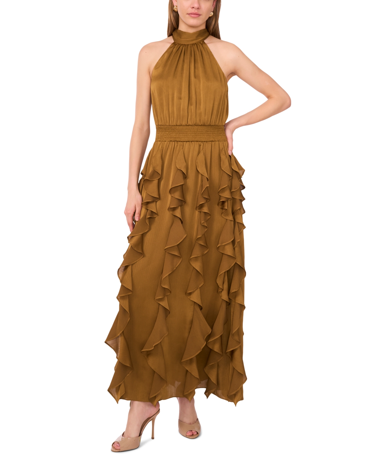 Click here for 1.state Womens Smocked Cascade-Ruffle Halter Maxi... prices