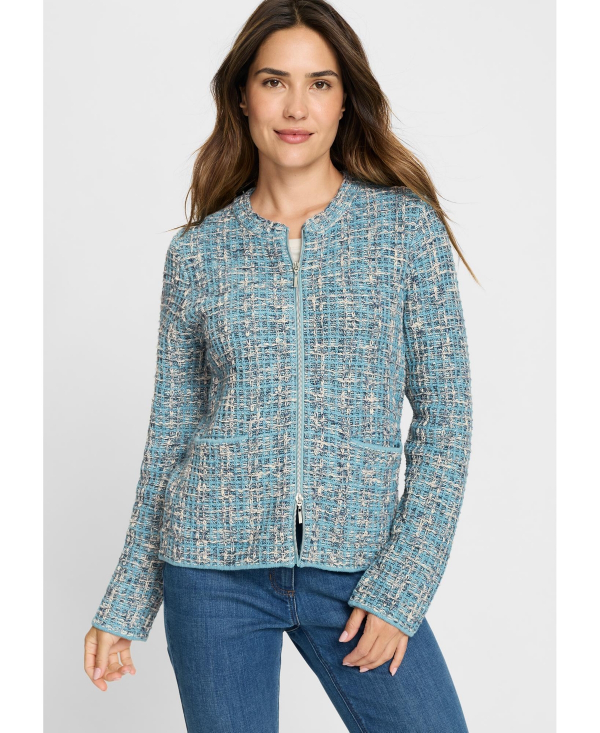 Click here for Olsen Tweed Knit Cardigan - Light teal prices