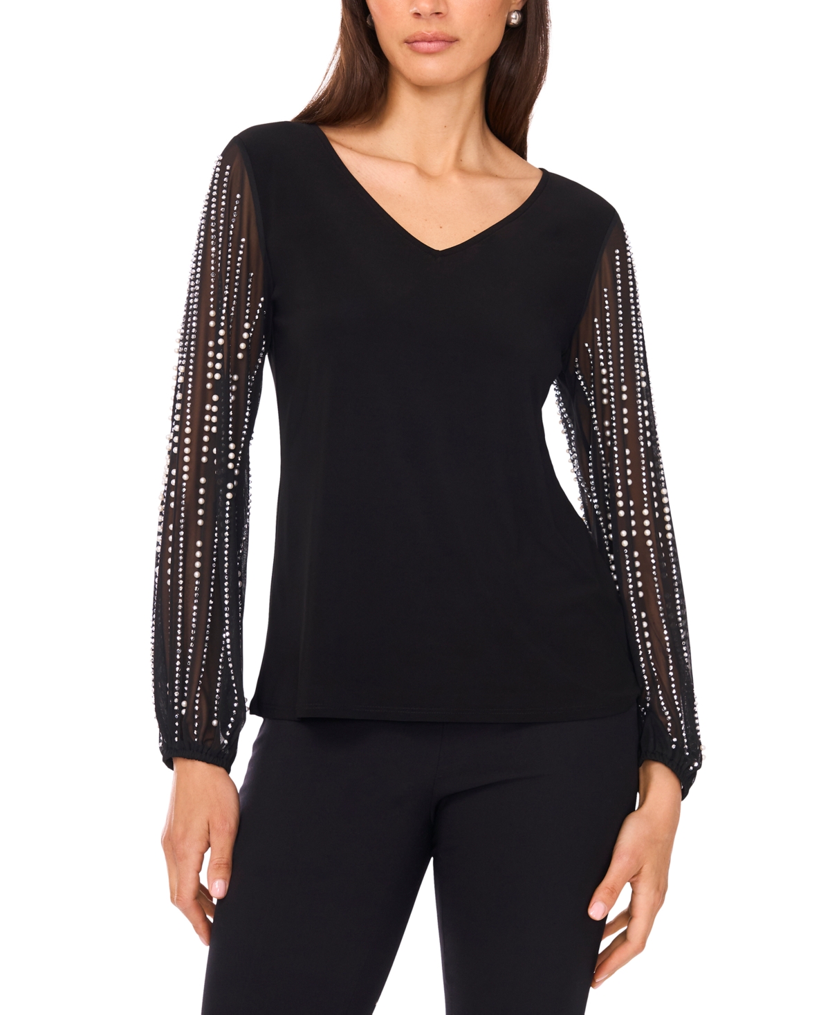 Click here for Msk Womens V-Neck Beaded Sleeve Top - Black prices
