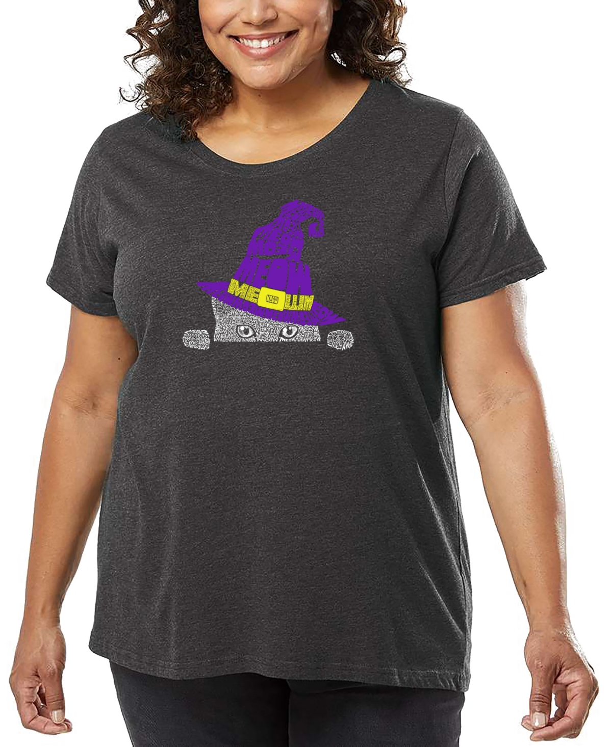 Click here for La Pop Art Plus Size Peeking Witch Cat Word Art T-... prices