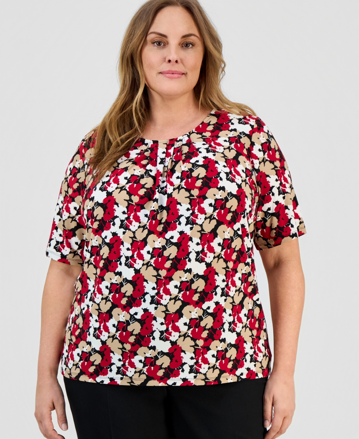 Click here for Kasper Plus Size Pleated-Neck Elbow-Sleeve Knit To... prices