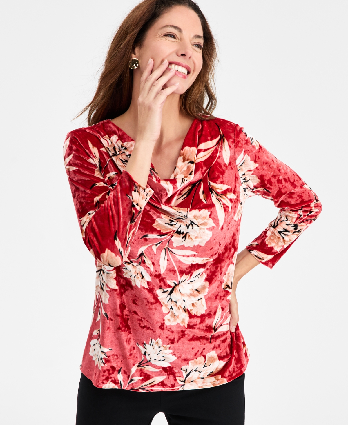 Click here for Jm Collection Womens Velvet Floral Cowl-Neck Top... prices