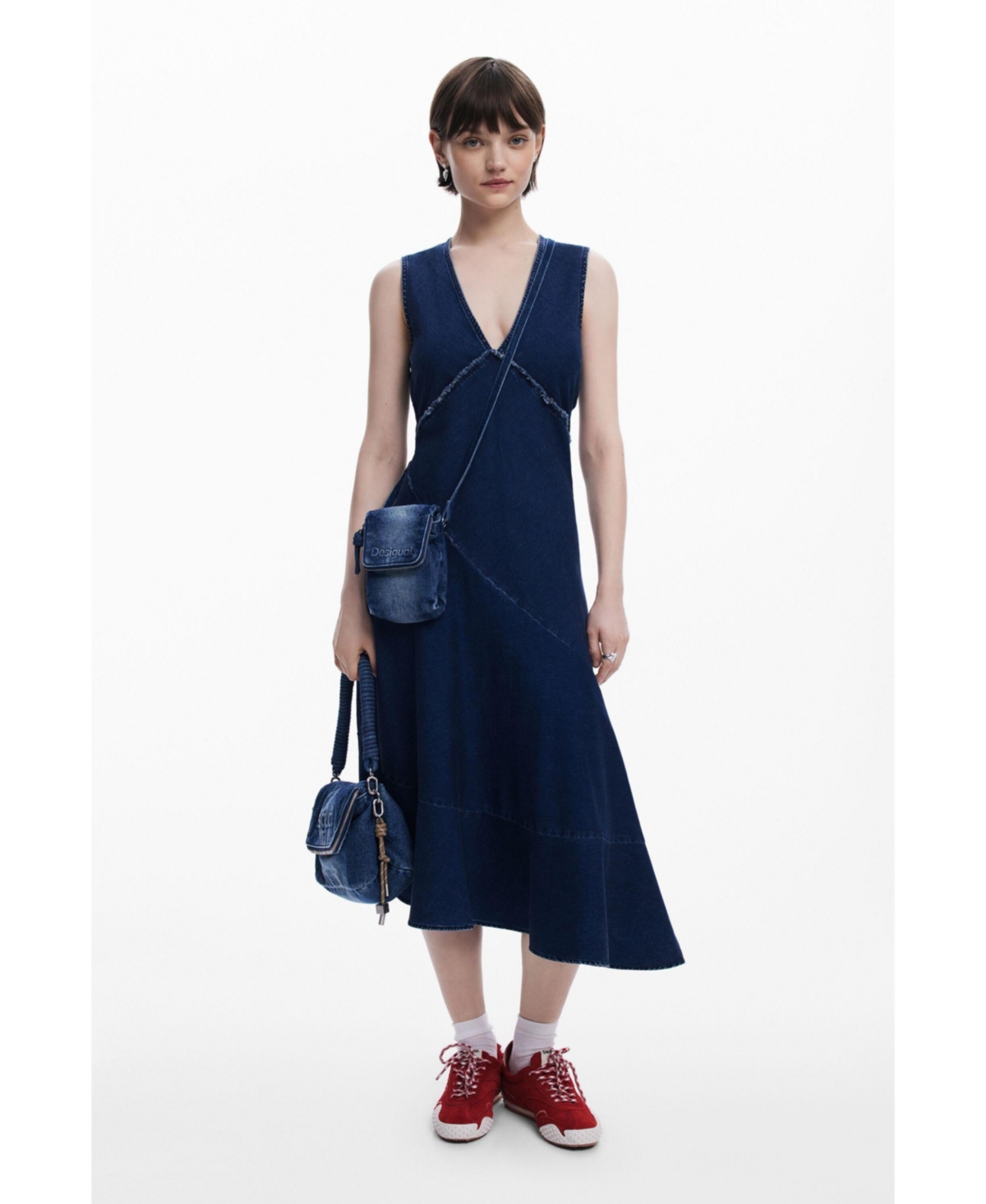 Click here for Desigual Womens Asymmetric denim midi dress - Dark... prices