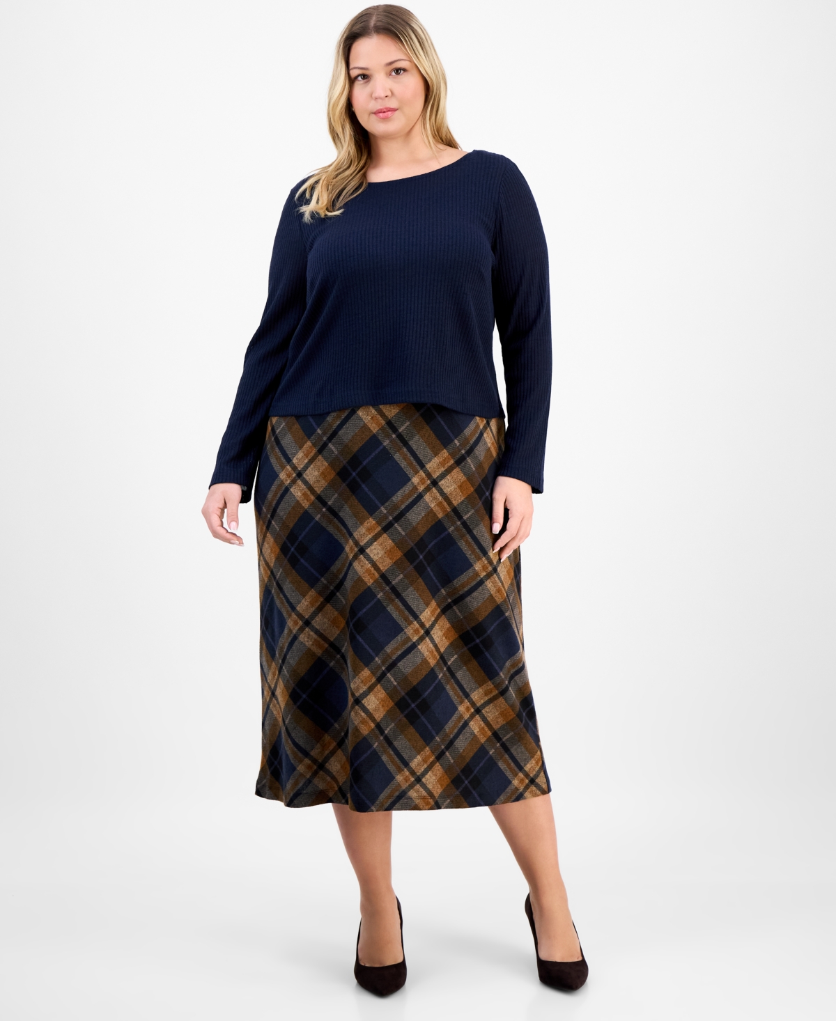 Click here for Connected Plus Size Sweater-Top Plaid-Skirt Dress... prices