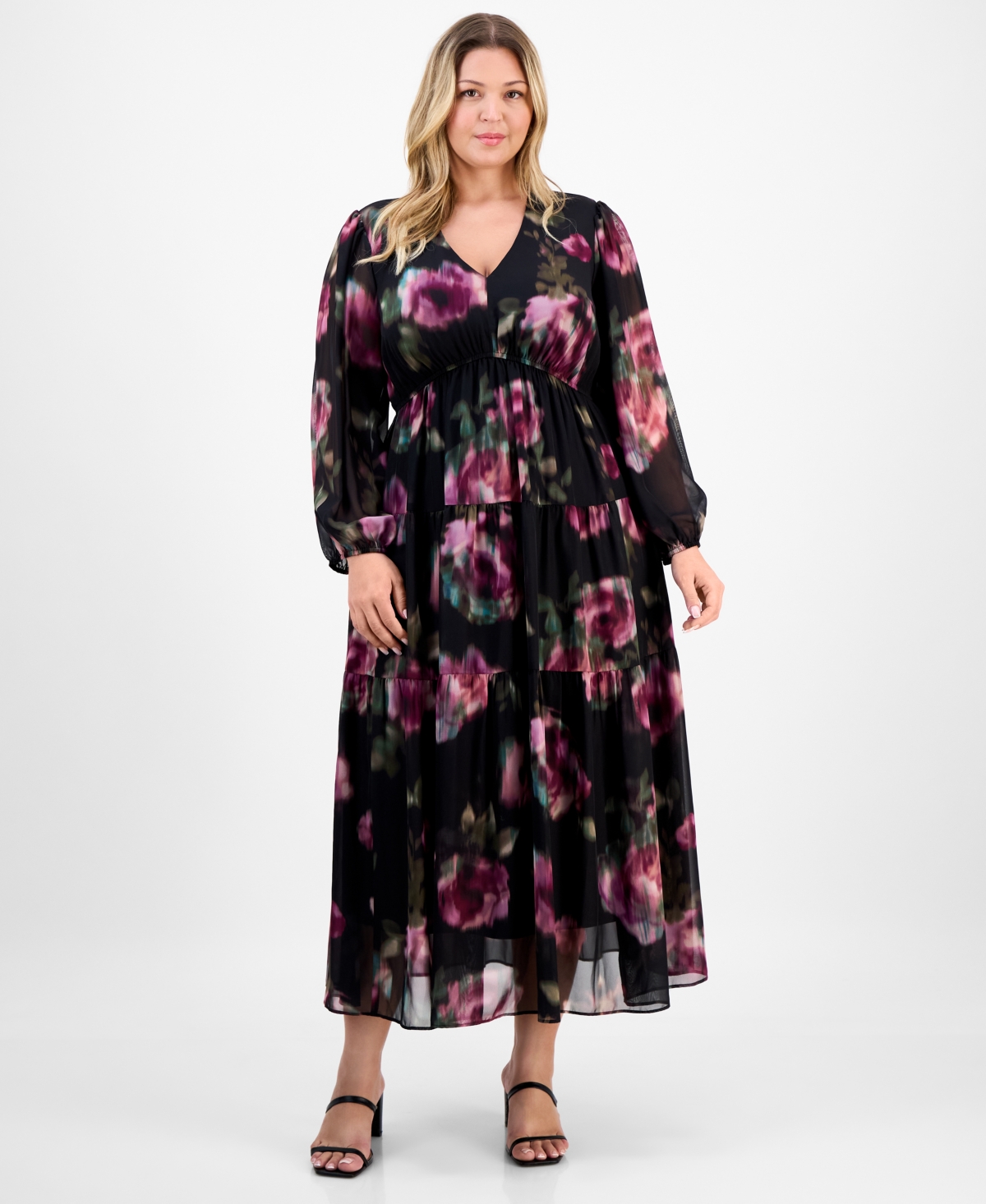 Click here for Robbie Bee Plus Size V-Neck Printed Chiffon Long-S... prices