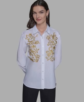 KARL LAGERFELD PARIS Women's Cotton Embroidered Button-Front Top - Macy's