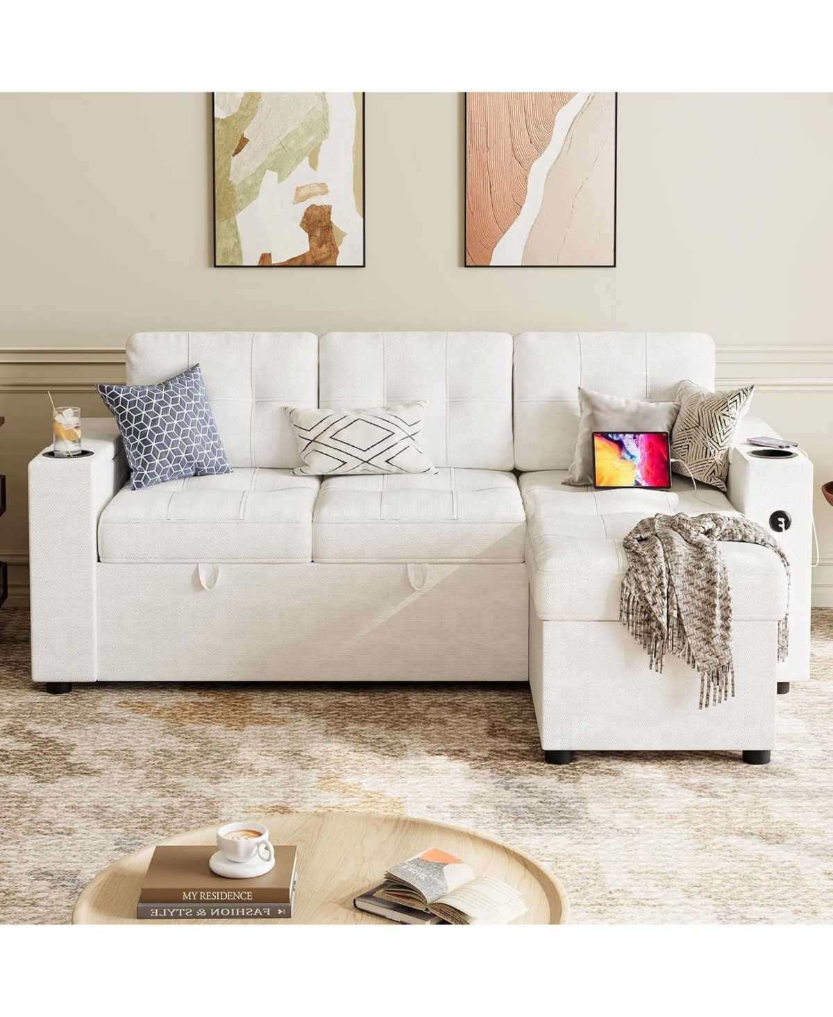 Click here for gaomon 84 Inch White L-Shaped Sofa Bed with Pull-O... prices