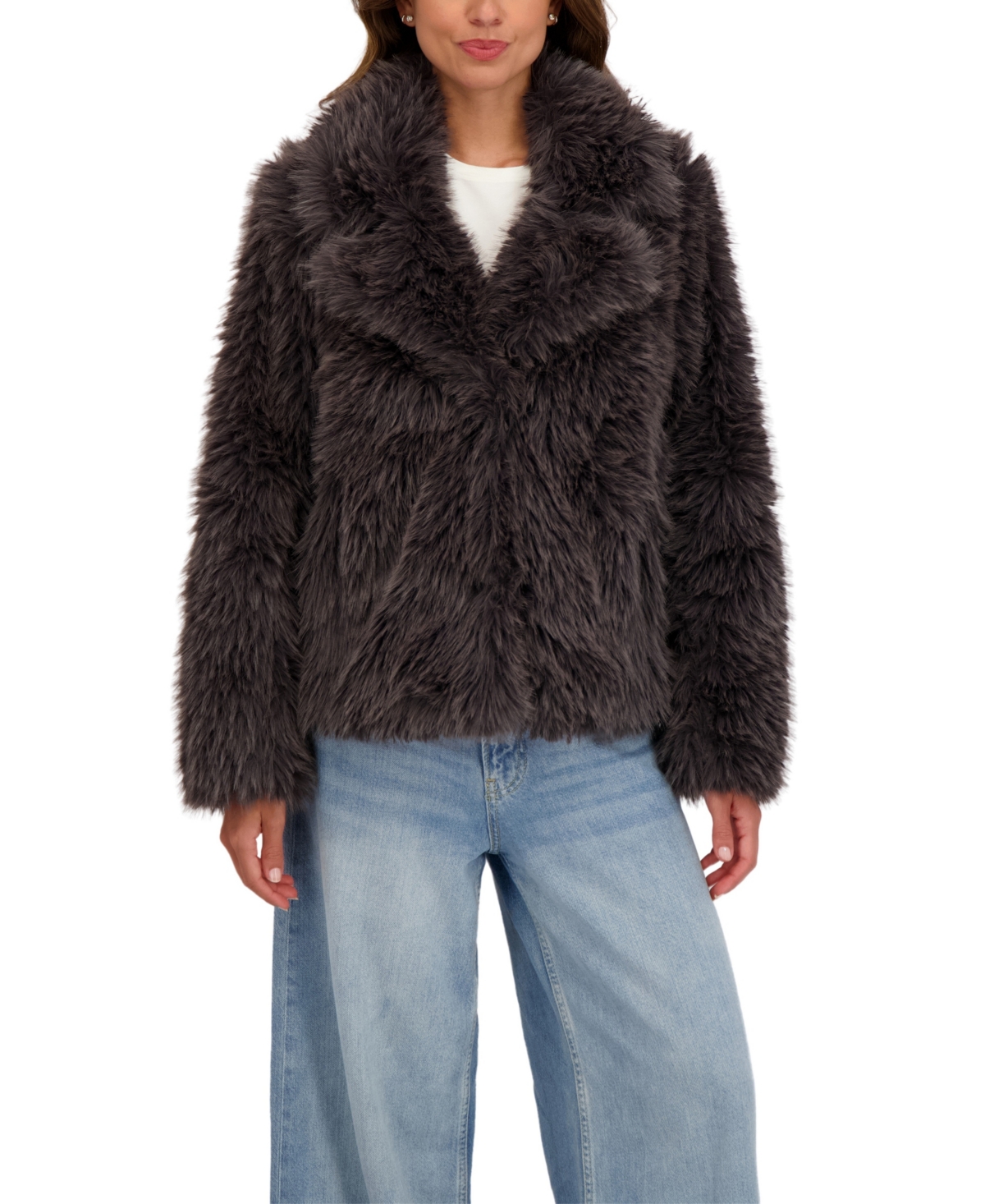 Sebby Collection Womens Long Hair Faux Fur Jacket - Grey