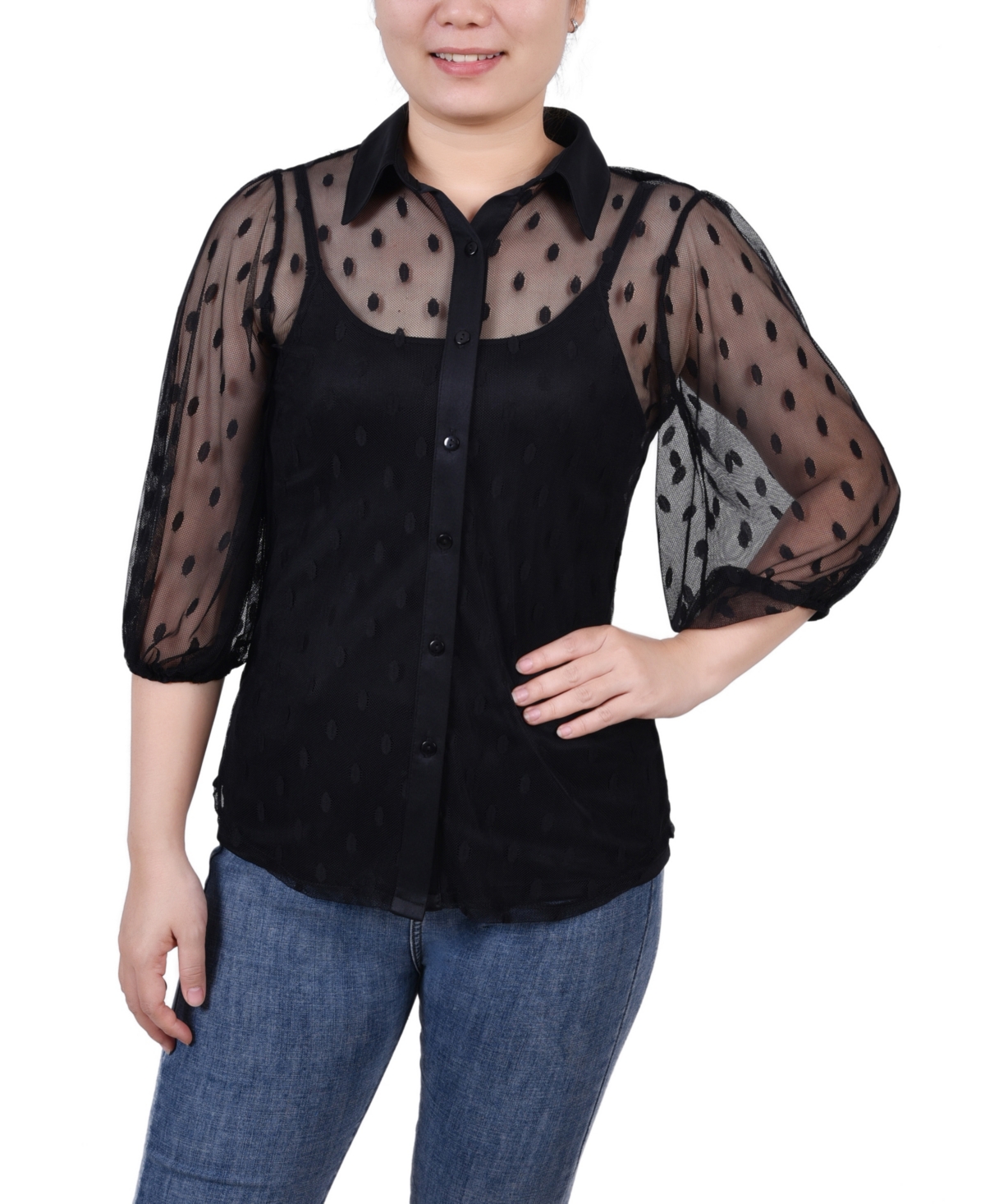 Click here for Ny Collection Petite Elbow Sleeve Clip Dot Top - B... prices