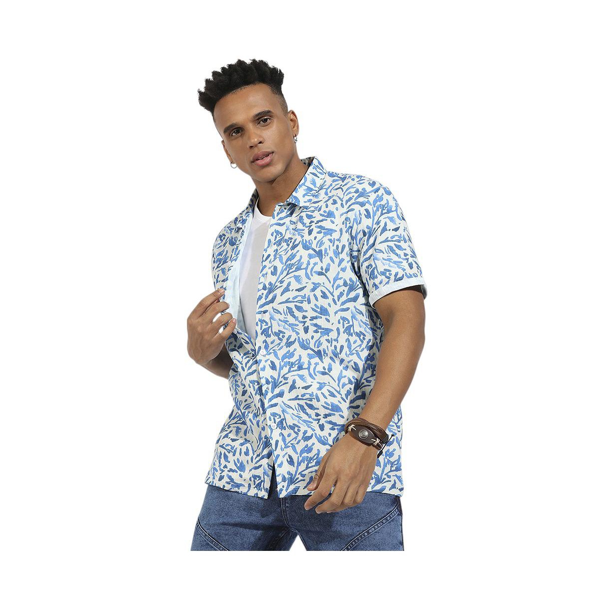 Click here for Campus Sutra Mens Blue Foliage Strokes Shirt - Blu... prices