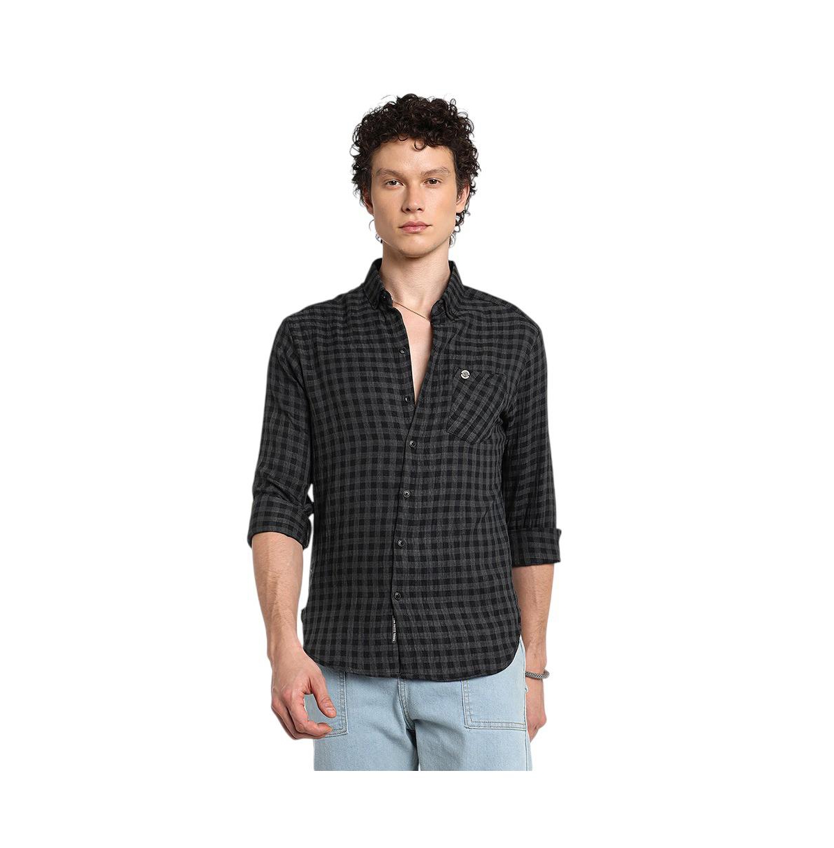 Click here for Campus Sutra Mens Charcoal Grey Gingham Shirt - Bl... prices