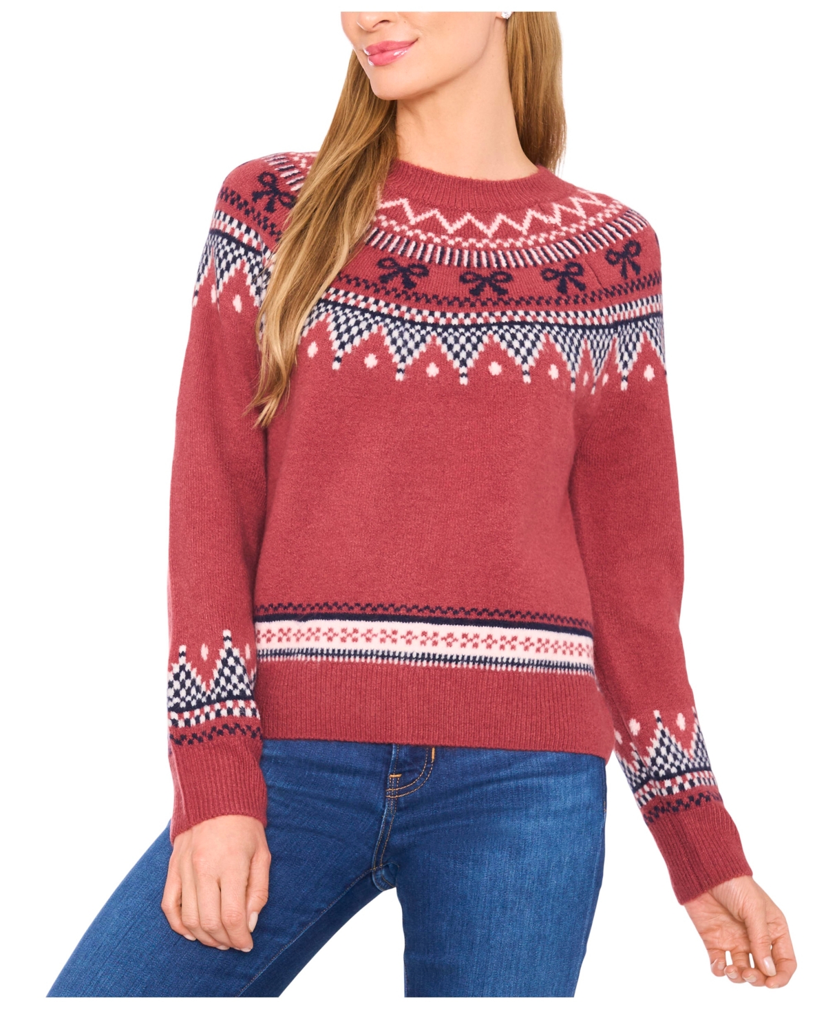 Click here for CeCe Womens Ribbon Fair Isle Crewneck Sweater - Fr... prices