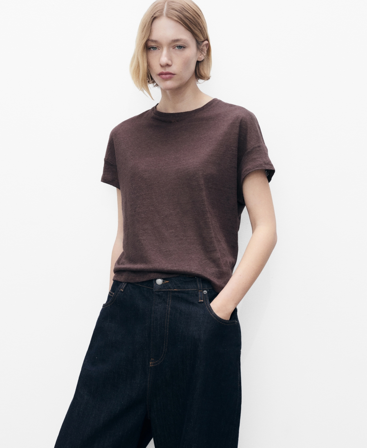 Click here for Mango Womens Short-Sleeved Linen T-Shirt - Brown prices