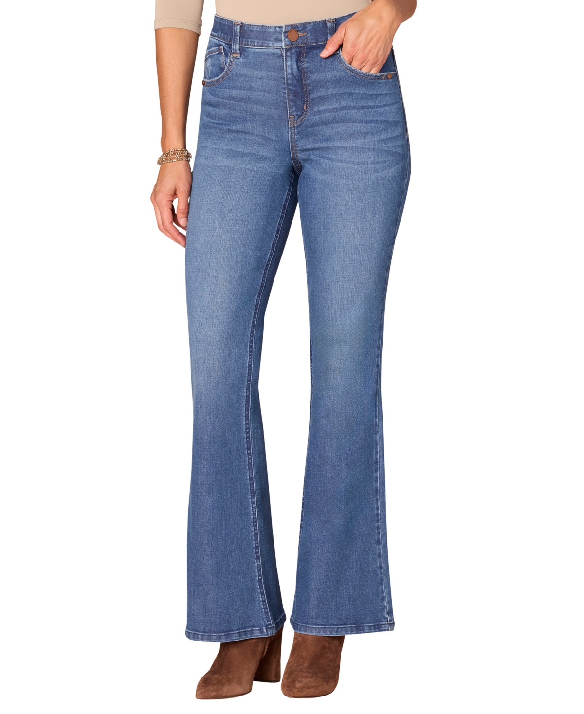 Click here for Democracy Petite High-Rise Flare Jeans - Blue Arti... prices