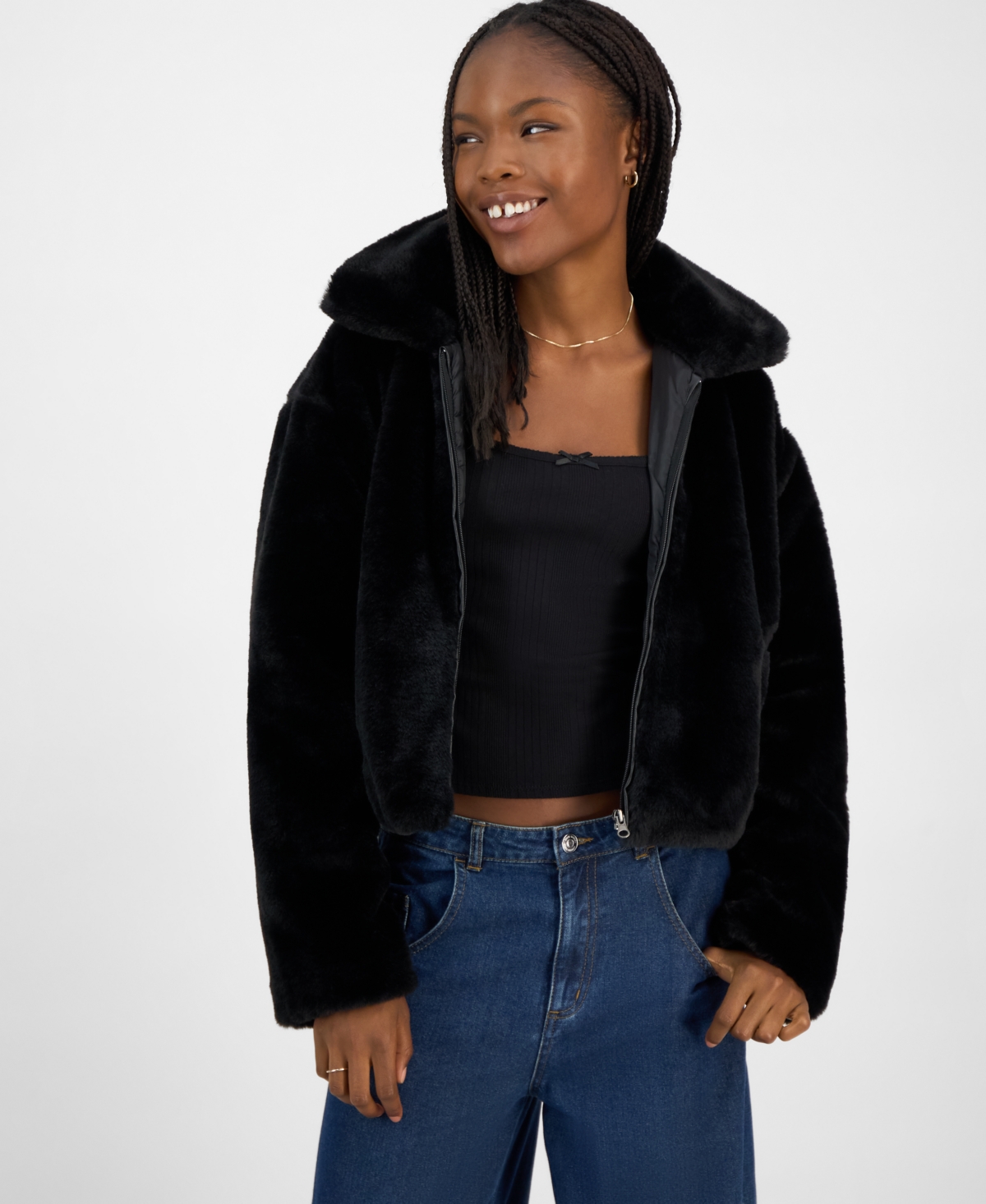Click here for Madden Girl Juniors Faux-Fur Cropped Jacket - Blac... prices
