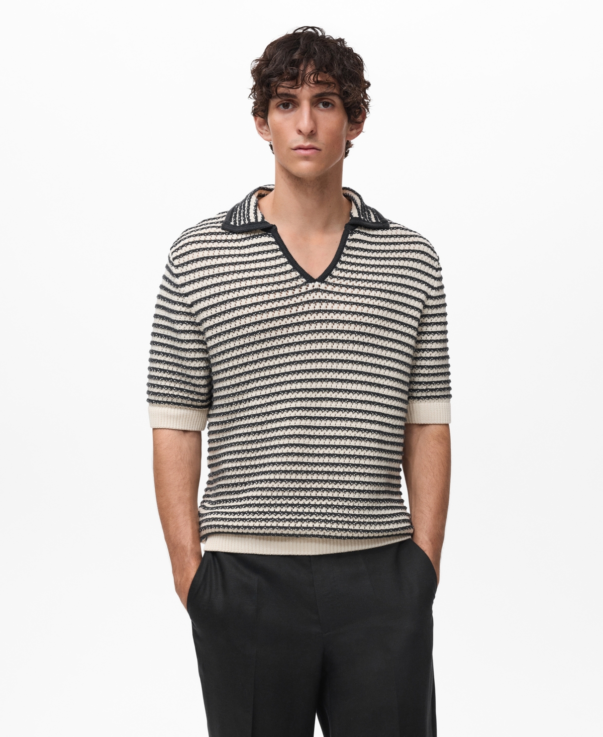 Click here for Mango Mens Striped Structure Cotton Polo Shirt - B... prices
