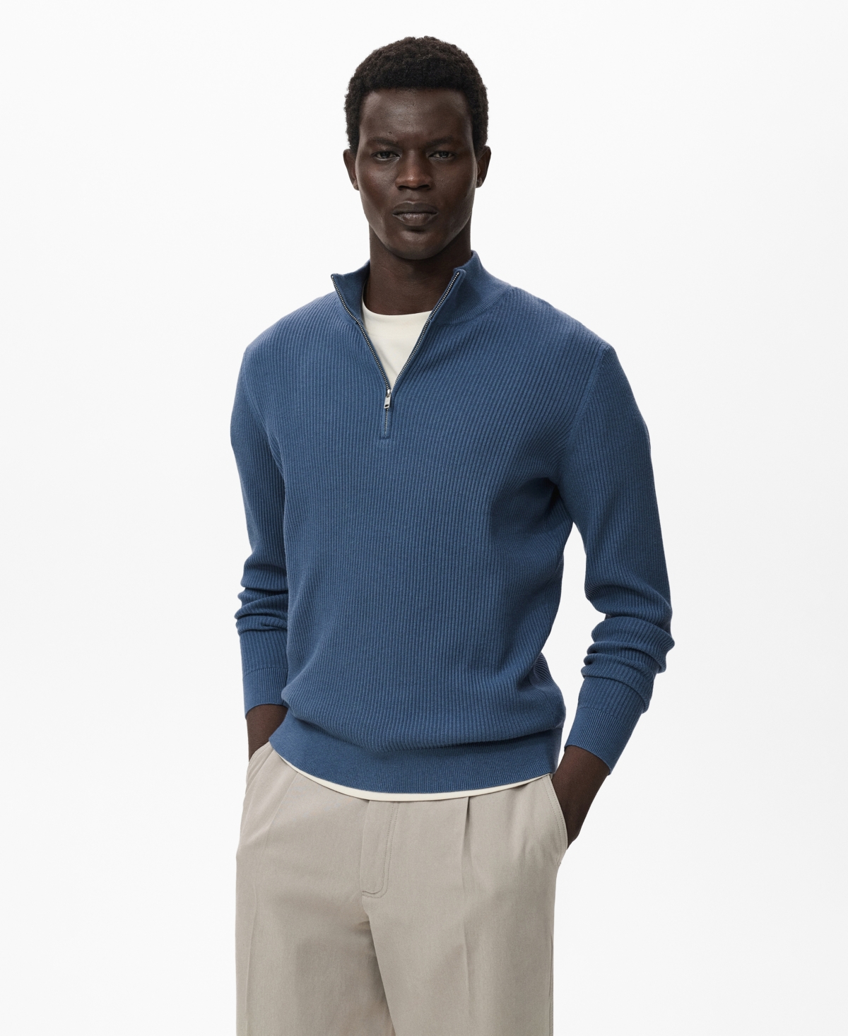 Click here for Mango Mens Zip Neck Ribbed Sweater - Indigo Blue prices