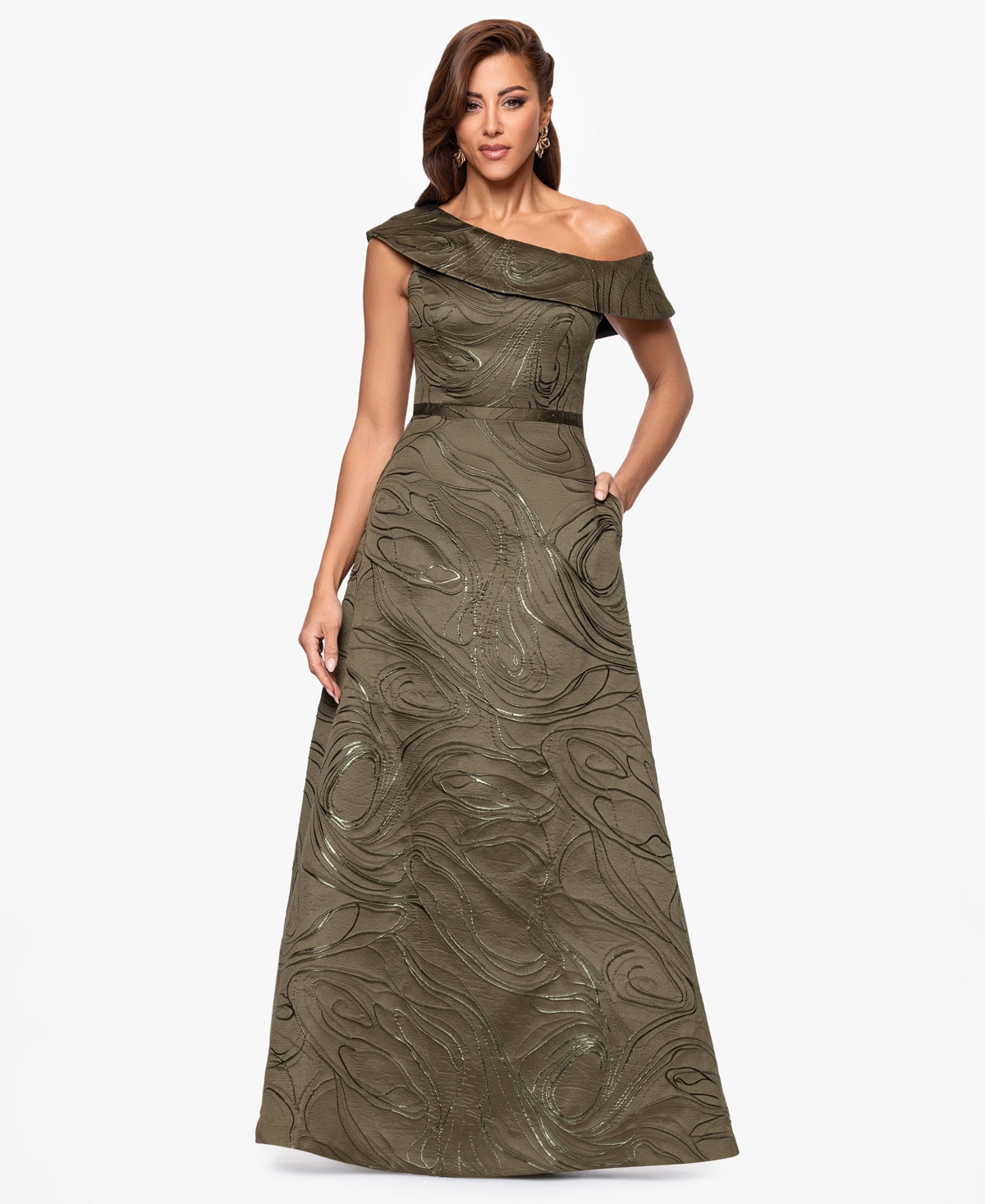 Click here for Xscape Womens Jacquard One-Shoulder Long Dress - O... prices