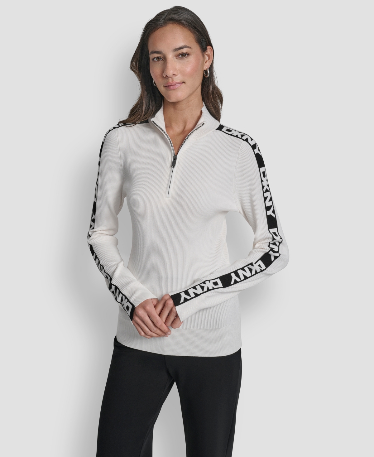 Click here for Dkny Womens Quarter Zip Mock Neck Sweater - Ivory prices