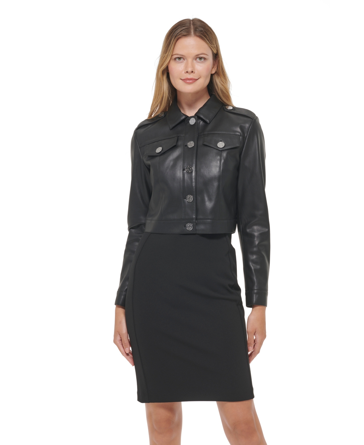 Dkny Womens Long Sleeve Button Down Faux Leather Jacket - Black