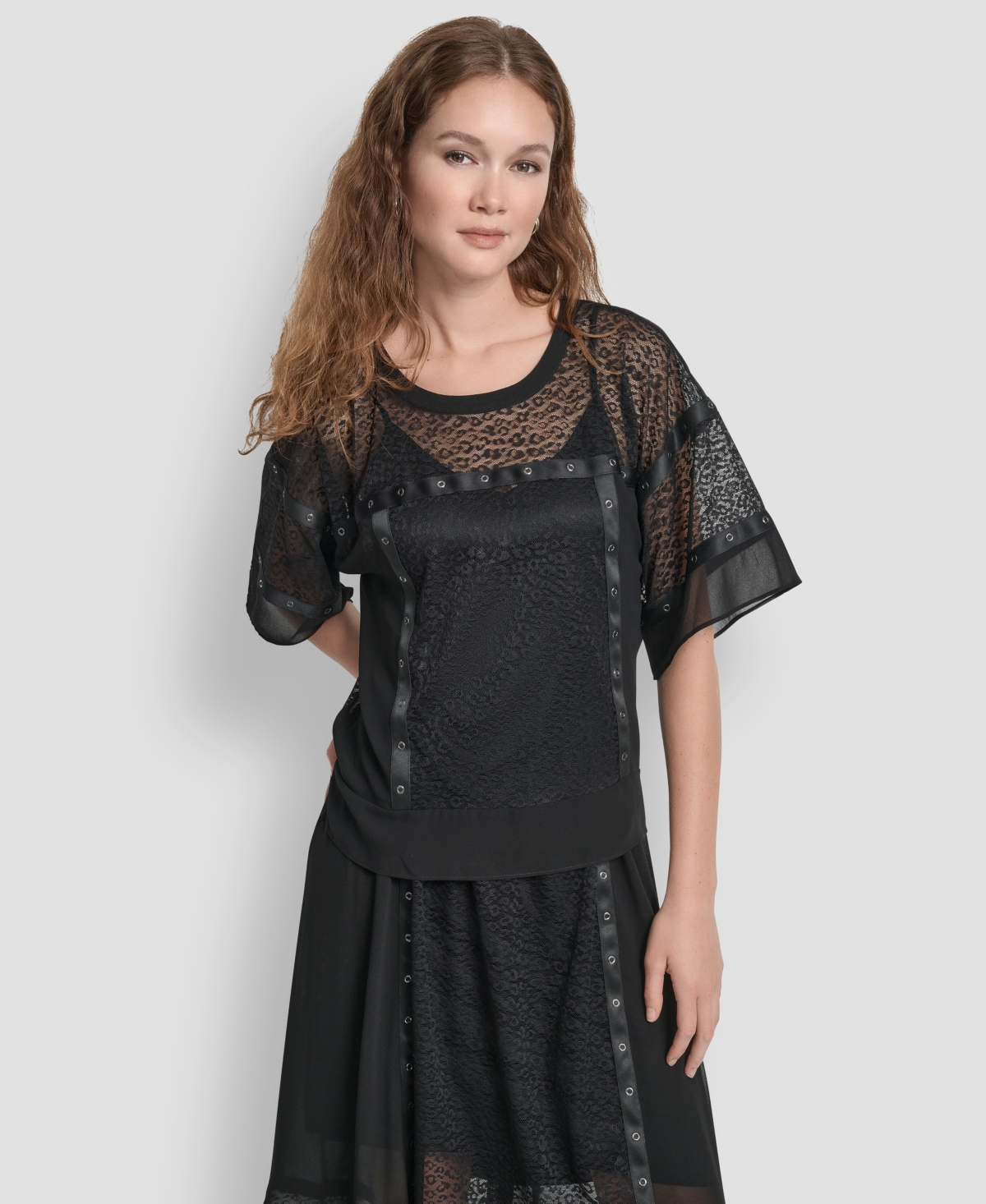 Click here for Dkny Womens Leopard Mesh Short Sleeve Flowy Box To... prices