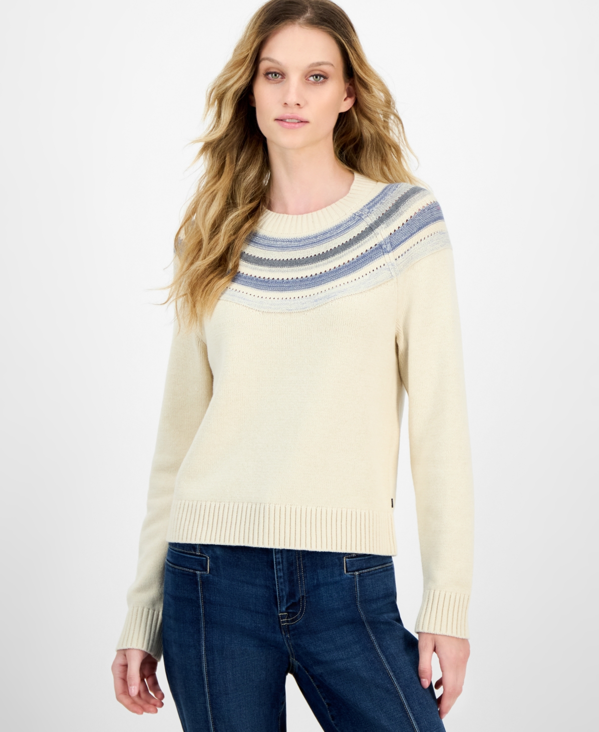 Click here for Nautica Jeans Womens Striped Yoke Crewneck Sweater... prices