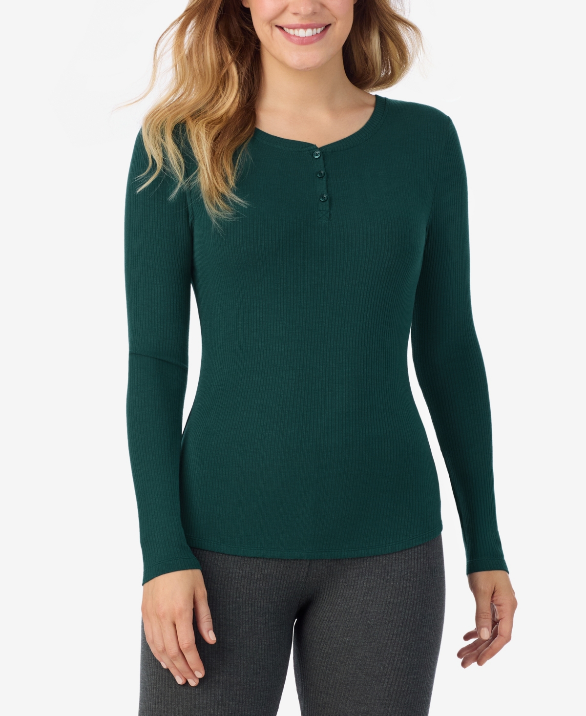 Click here for Cuddl Duds Henley Neck Long Sleeve Top - Dark gree... prices