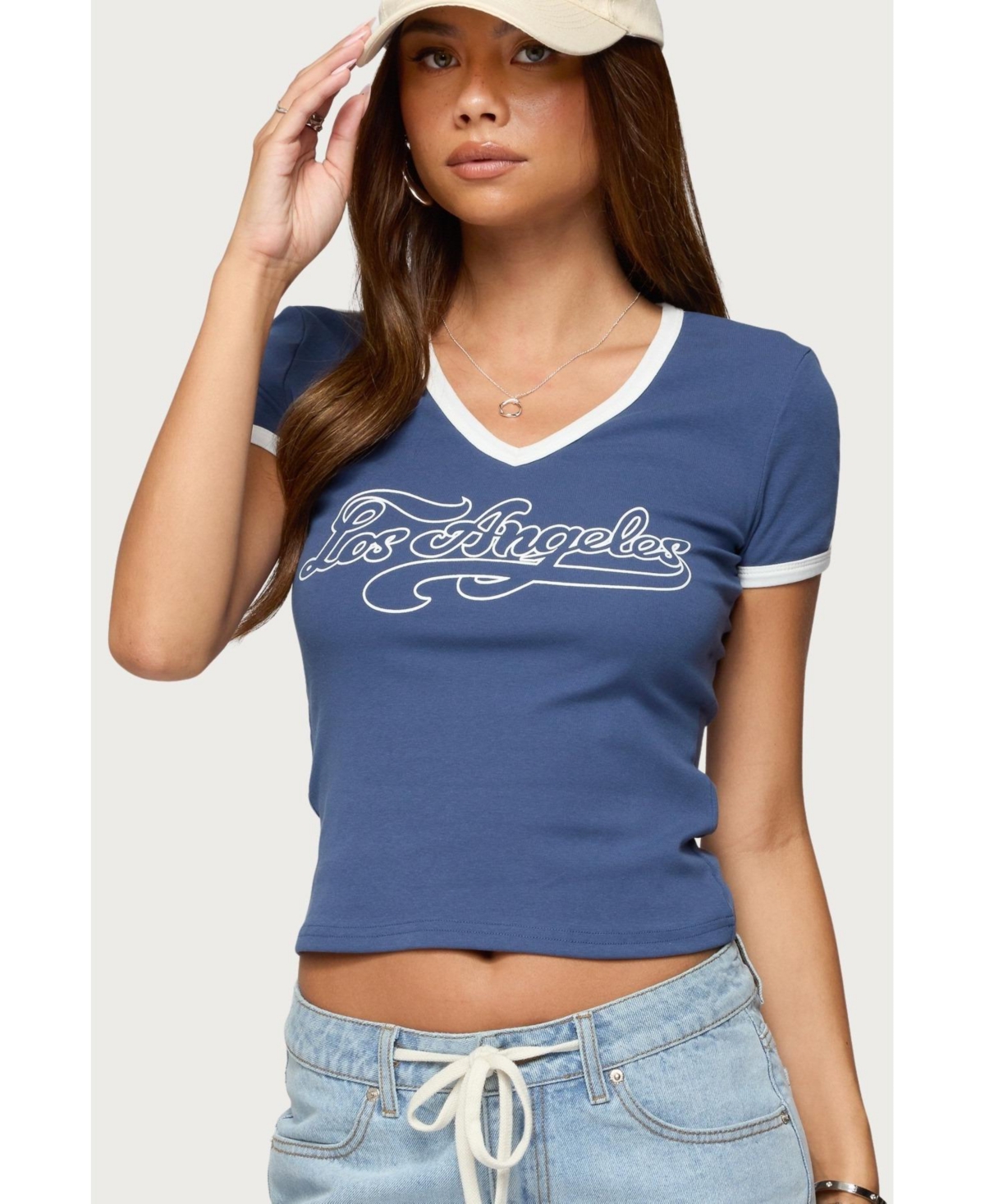 Click here for Edikted Womens Los Angeles Contrast T Shirt - Blue prices