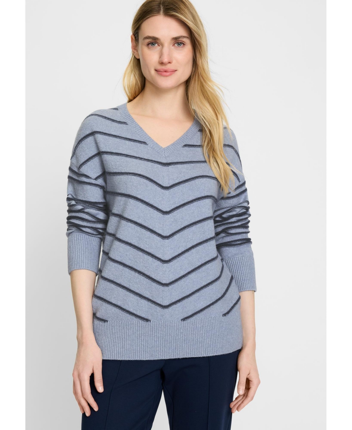 Click here for Olsen Womens Chevron Stripe V-Neck Sweater - Blue... prices