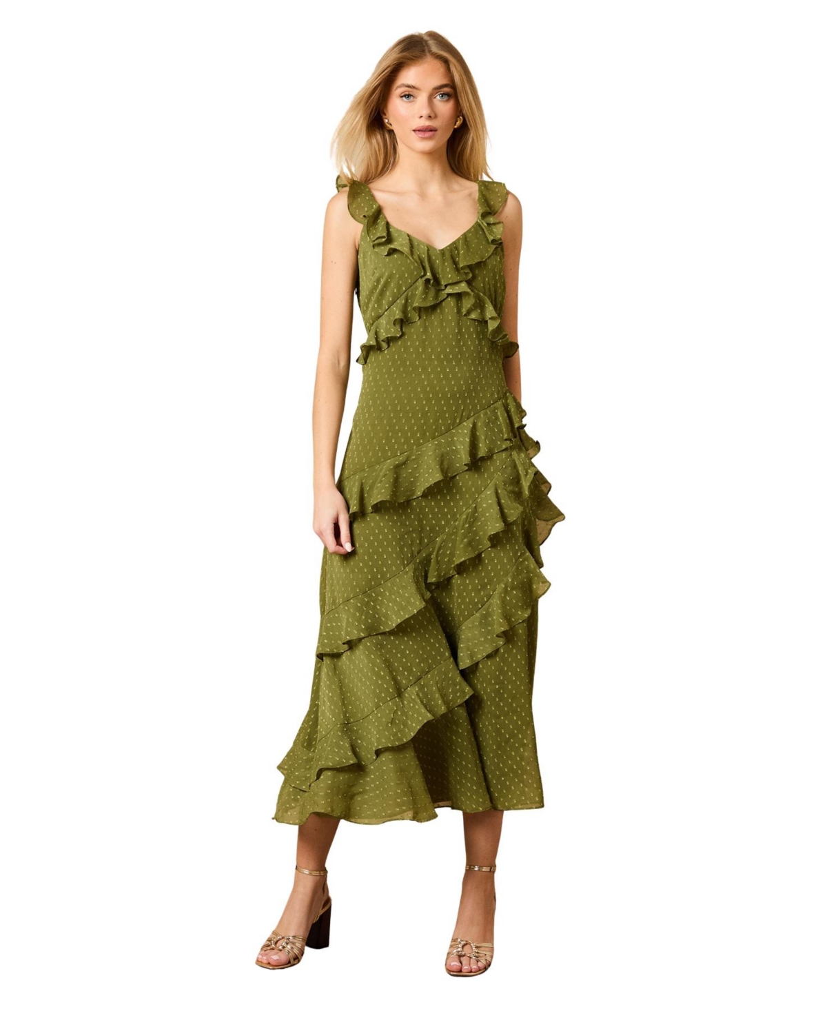 Click here for Oasis Womens Dobby Ruffle V-Neck Tiered Midi Dress... prices