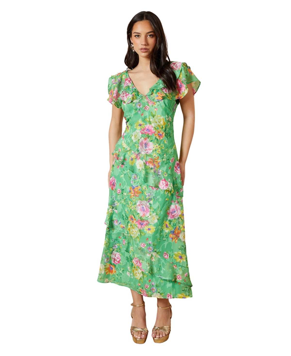Click here for Oasis Womens Ruffle Sleeve Jacquard Midi Dress - G... prices