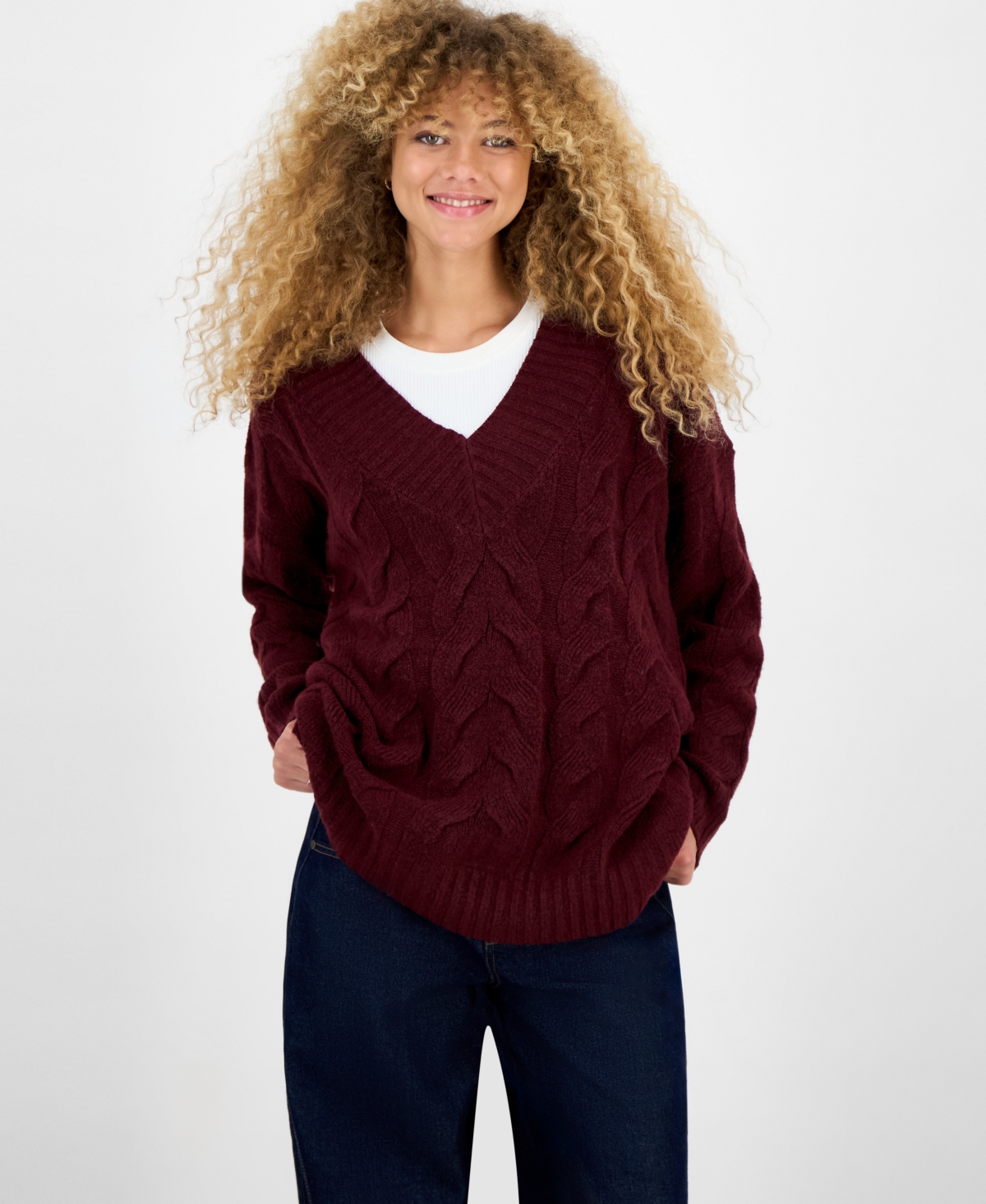 Click here for Hippie Rose Juniors V-Neck Cable-Knit Sweater - Wi... prices