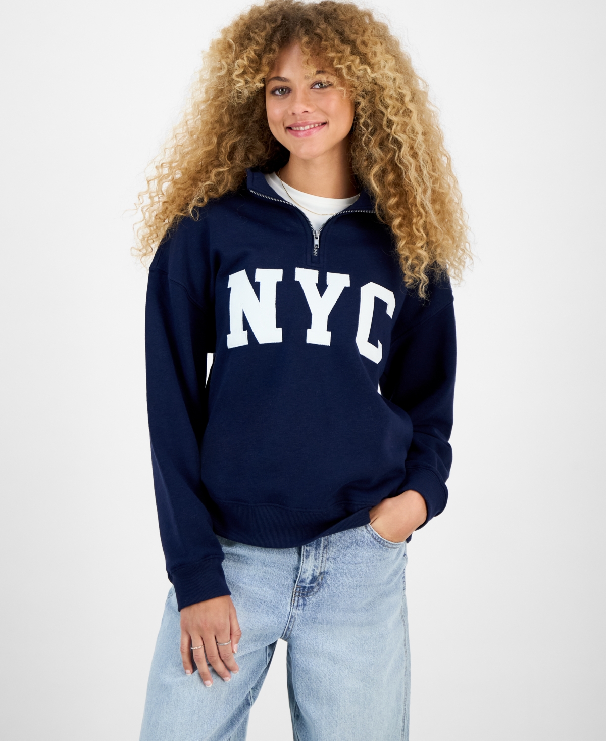 Click here for Hippie Rose Juniors Drop Shoulder Quarter-Zip Swea... prices