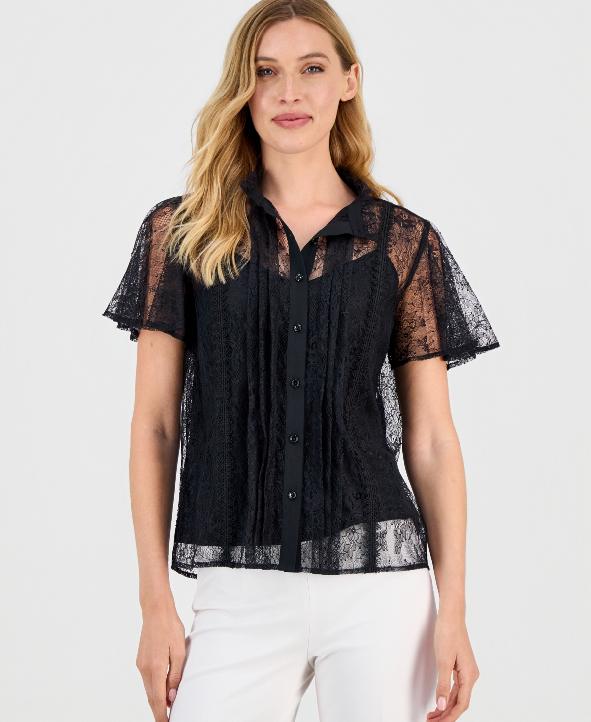 Click here for Anne Klein Womens Flutter-Sleeve Button-Front Lace... prices