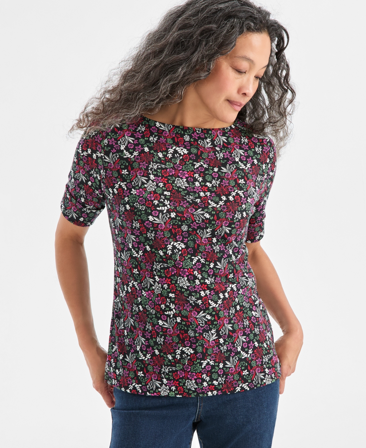 Click here for Style & Co Womens Printed Boat-Neck Elbow-Sleeve T... prices