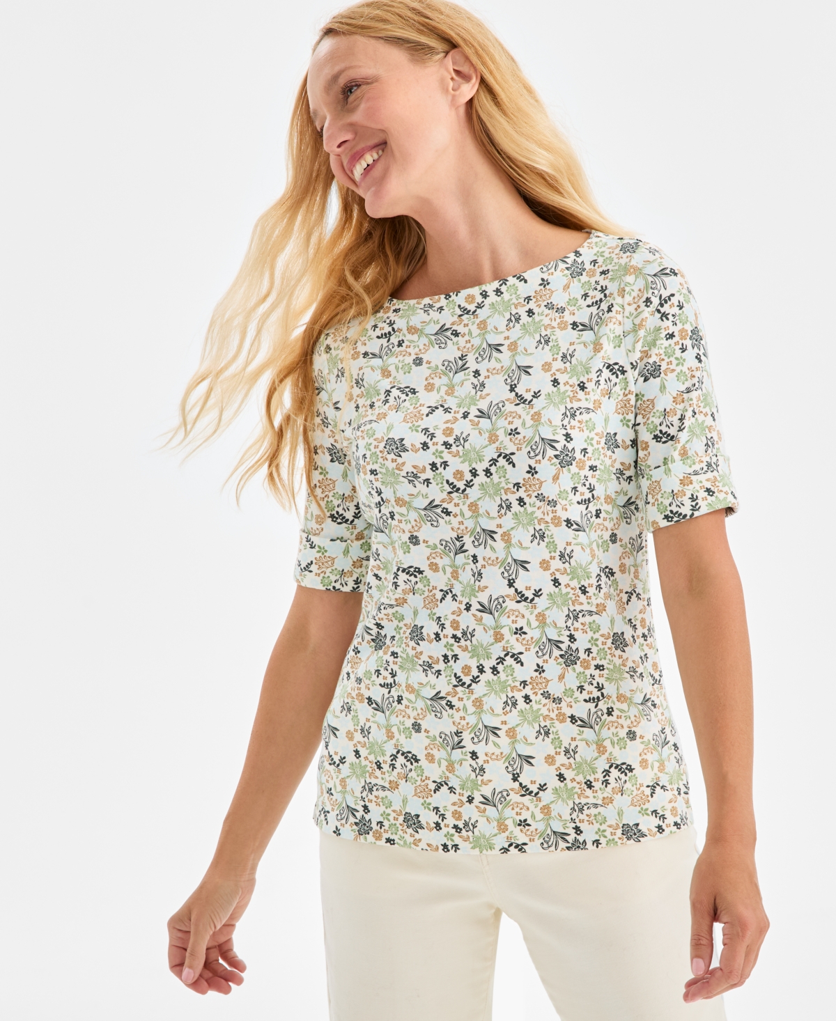Click here for Style & Co Womens Printed Boat-Neck Elbow-Sleeve T... prices