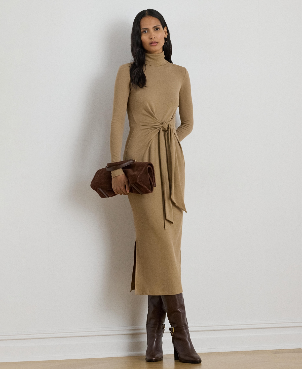 Lauren Ralph Lauren Womens Tie-Front Turtle Neck Dress - Classic Camel