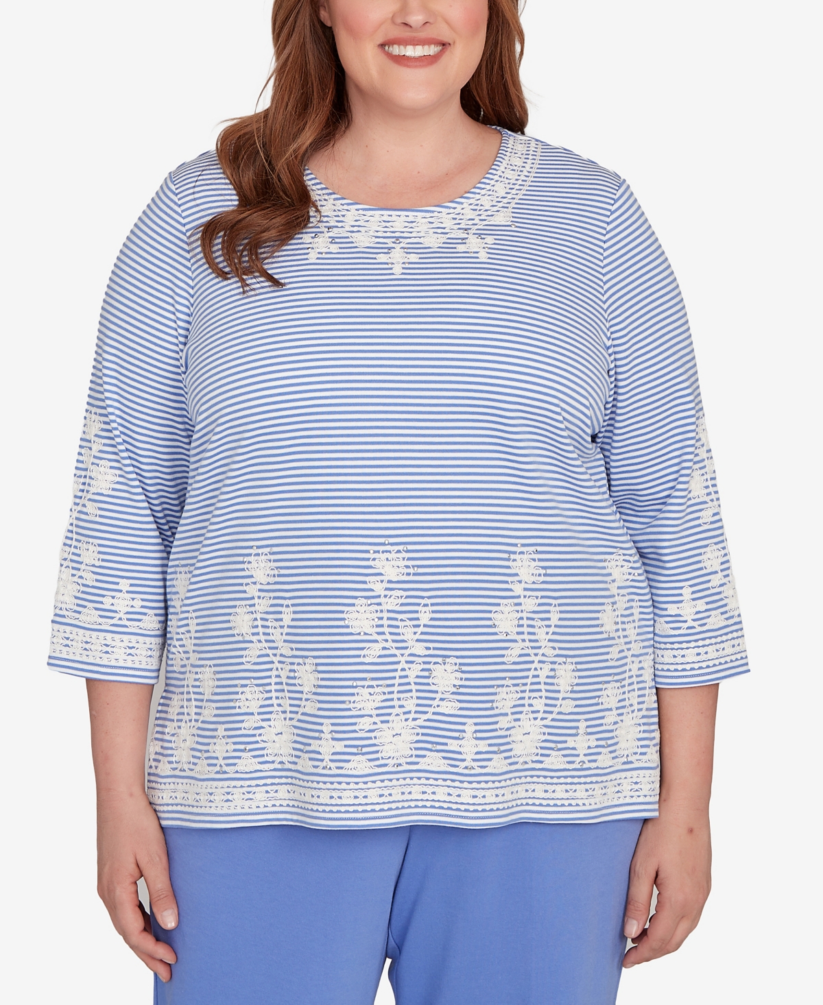 Alfred Dunner Plus Size Casual Vibe Embellished Striped Crew Neck Top - Iris