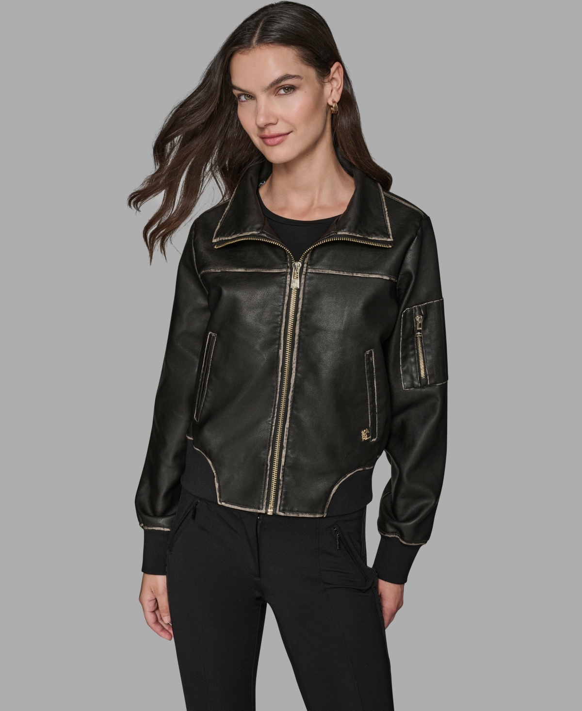 Karl Lagerfeld Paris Womens Knit-Trim Faux-Leather Jacket - Black