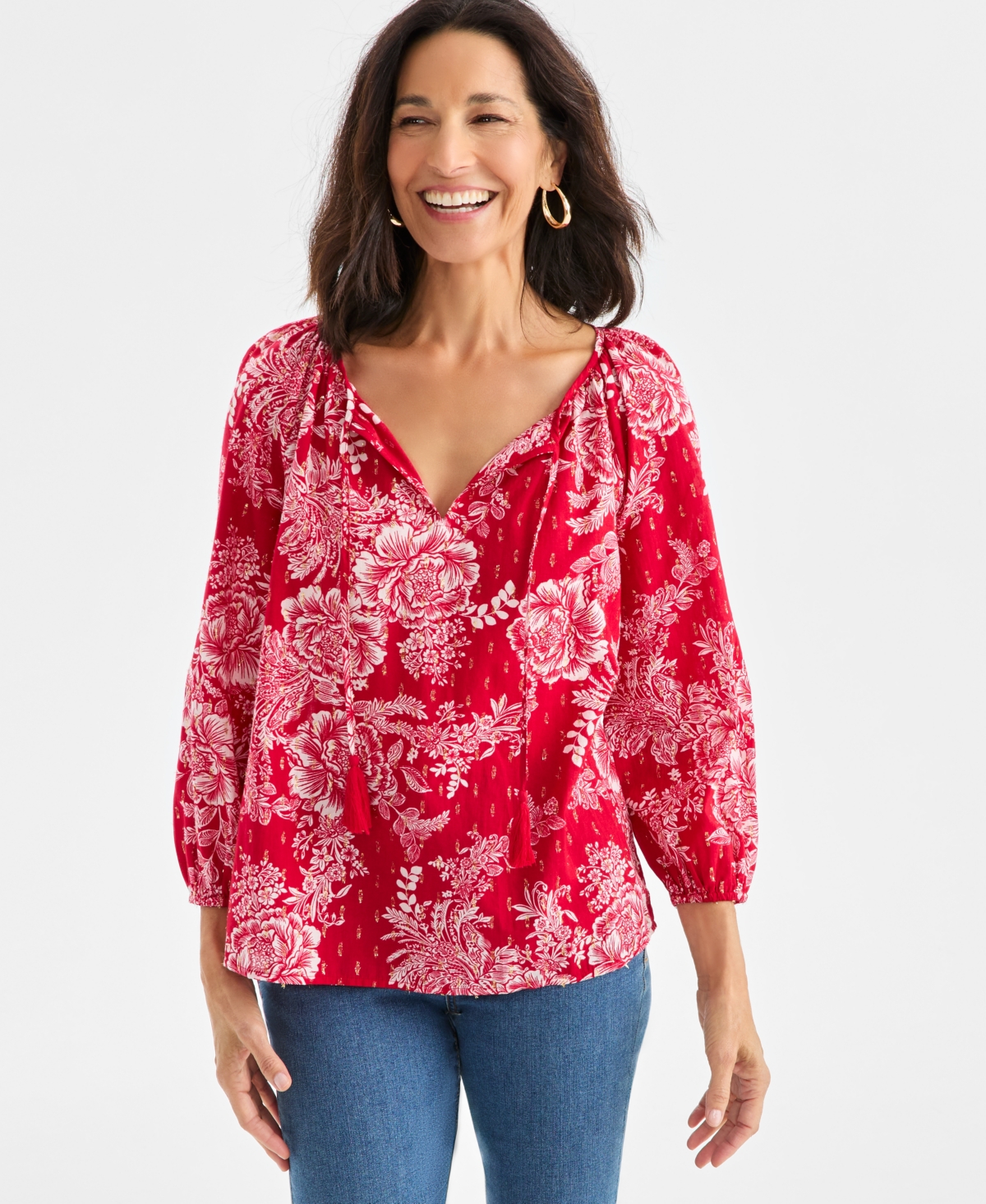 Click here for Style & Co Womens Printed 3/4 Sleeve Split Neck To... prices