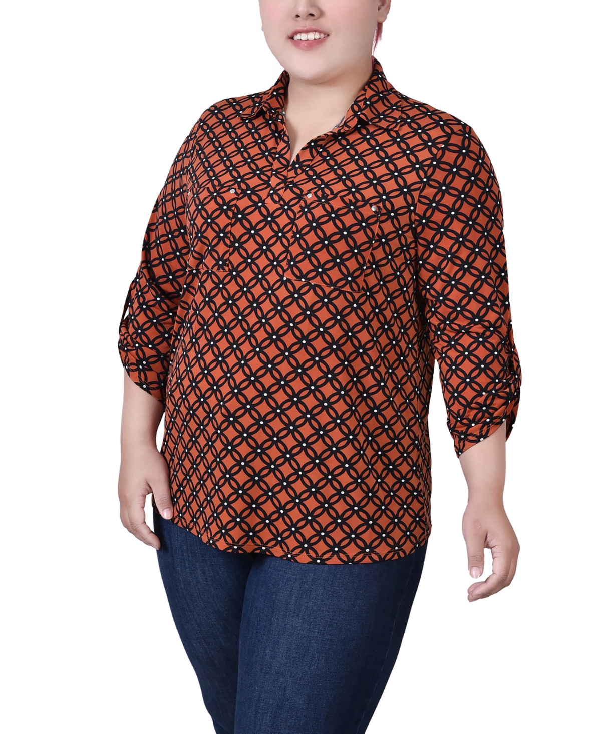 Click here for Ny Collection Plus Size 3/4 Roll Tab Sleeve Studde... prices