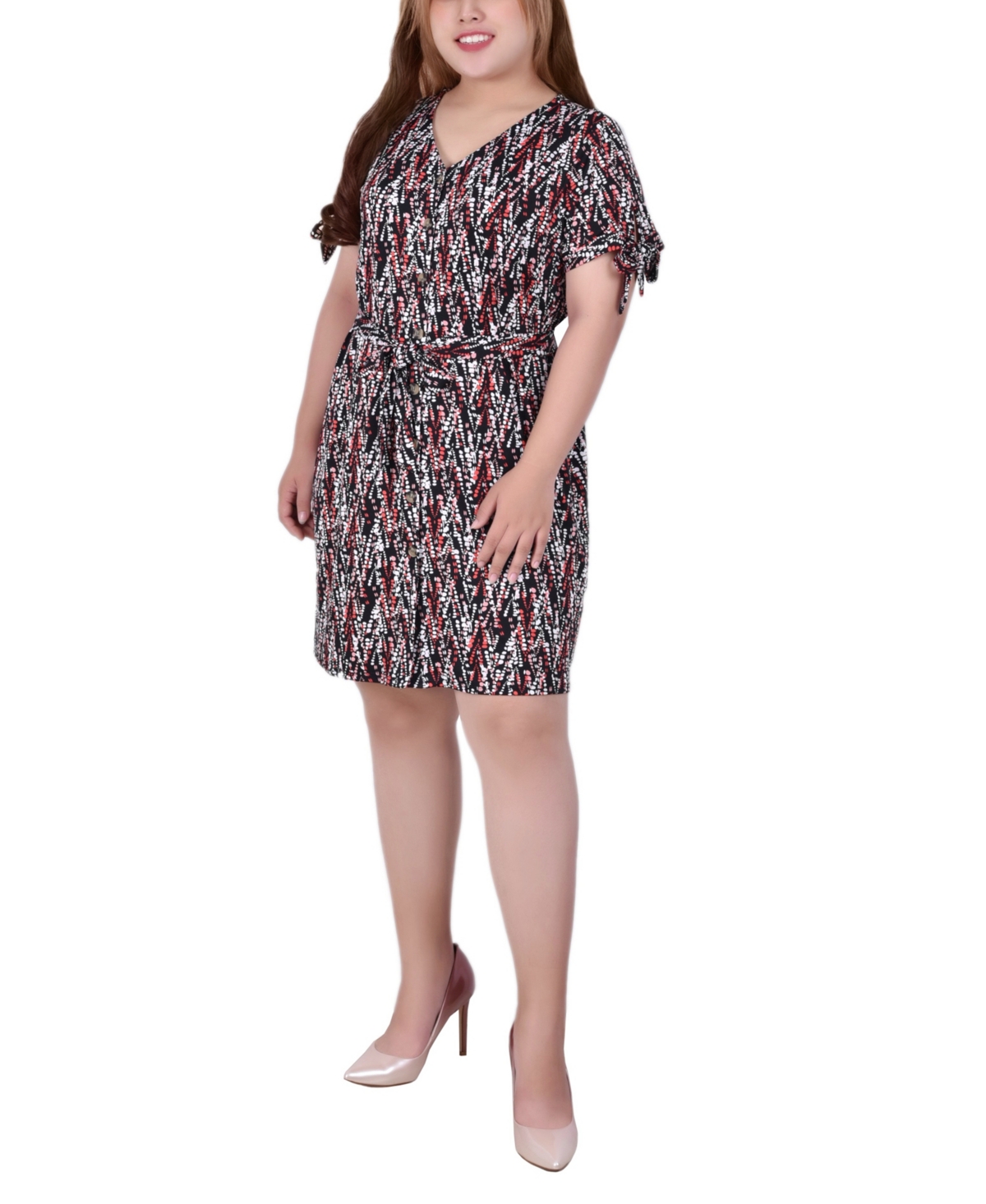 Ny Collection Plus Size Belted Tie-Sleeve Dress - Orange multi