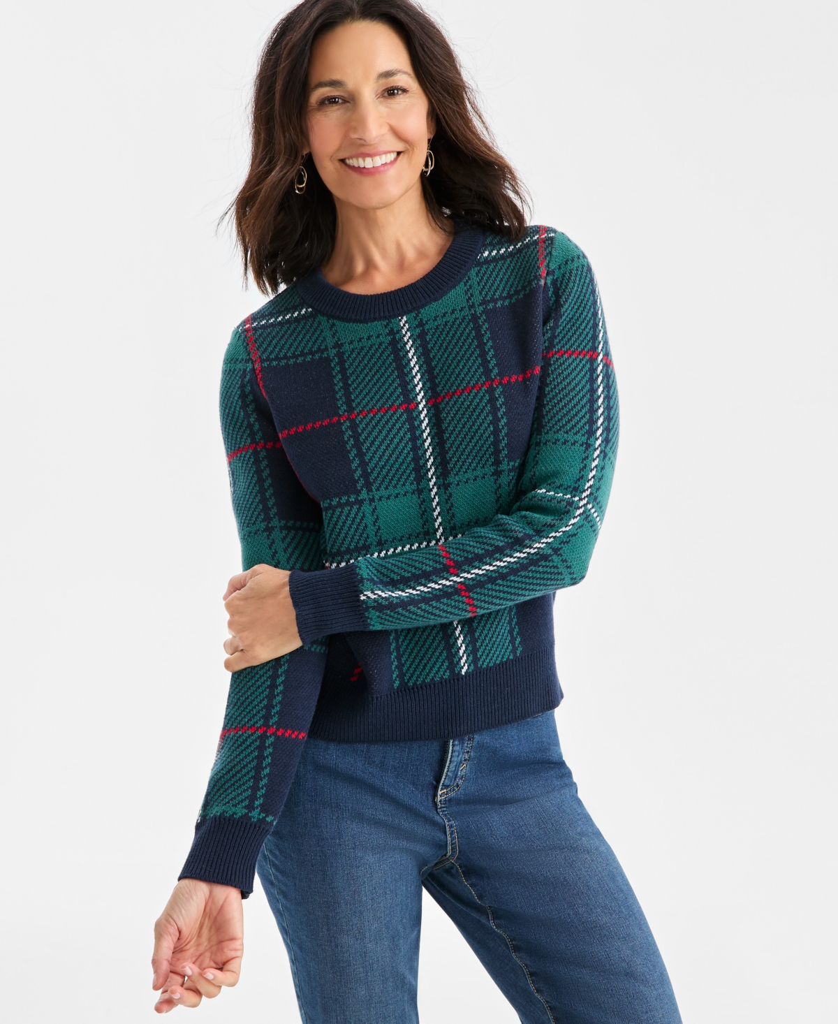 Click here for Style & Co Womens Plaid Crewneck Whimsy Pullover S... prices