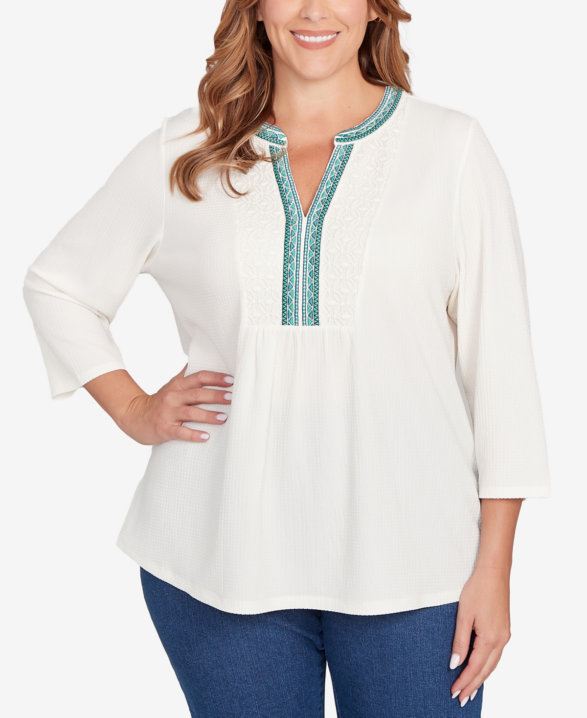 Click here for Ruby Rd. Plus Size Embellished Textured Split Neck... prices