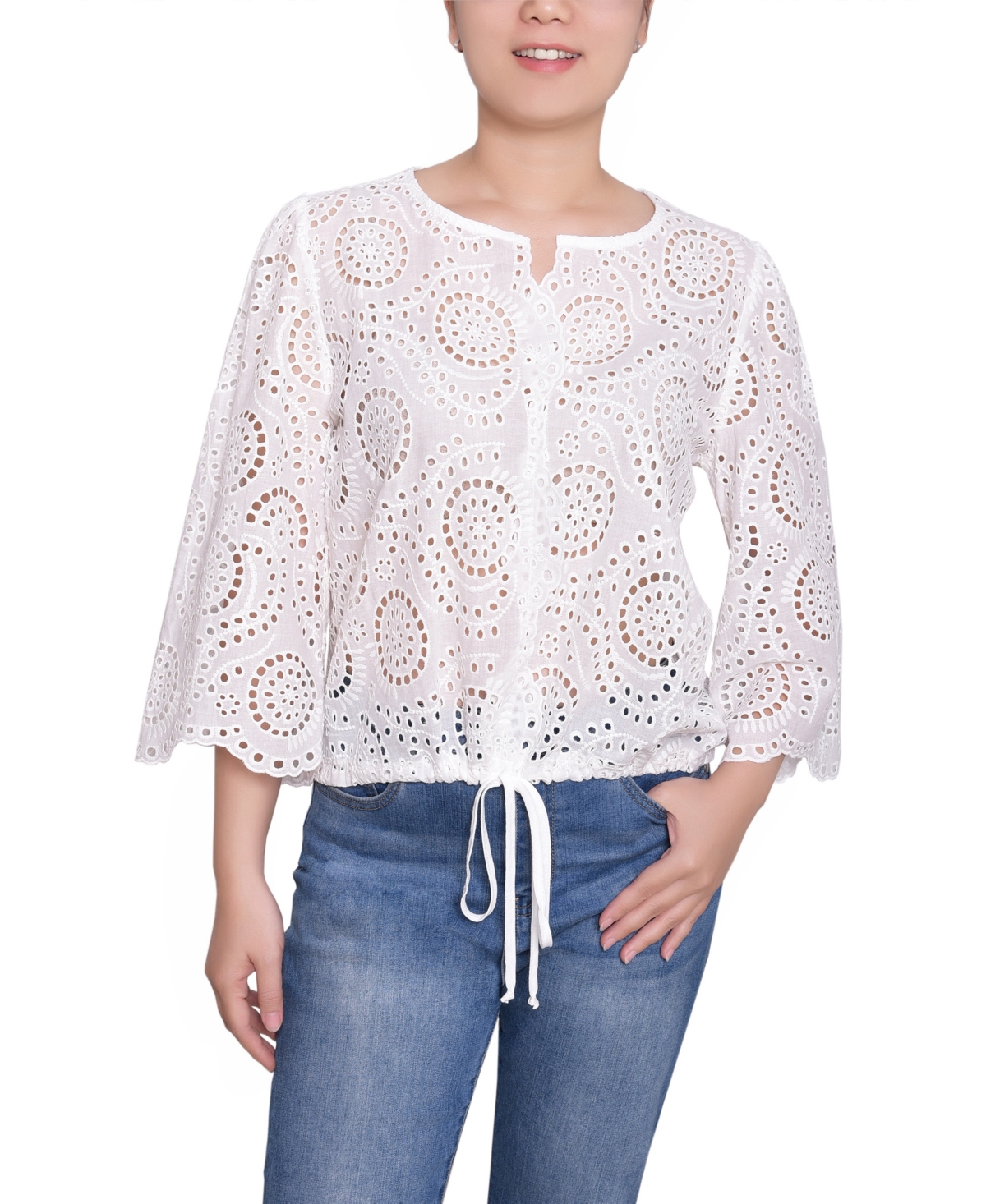 Click here for Ny Collection Petite 3/4 Sleeve Eyelet Top - White prices
